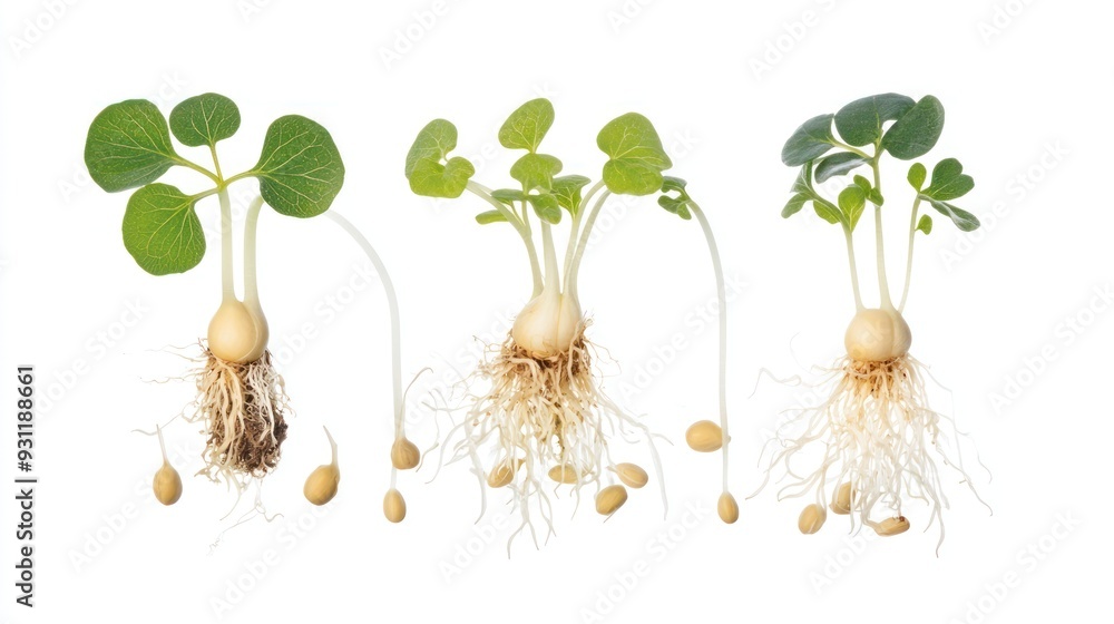 Four stages of pea plant growth, from sprouting seed to young plant ...
