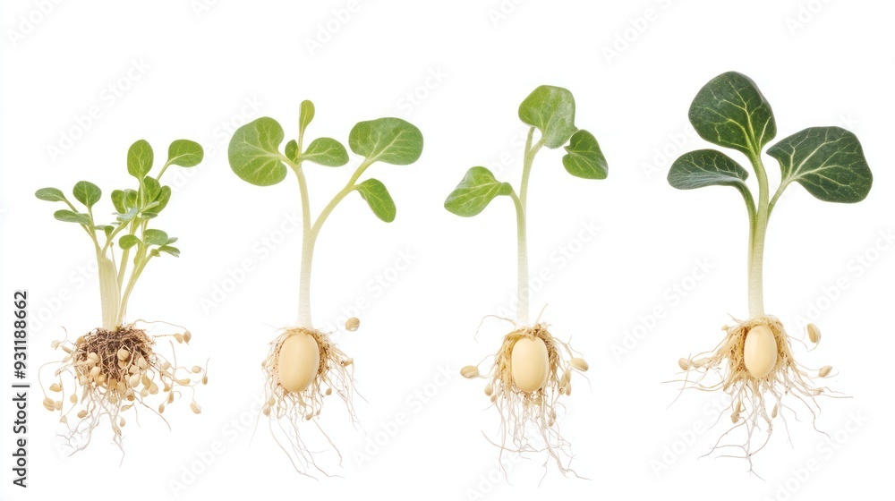 Four stages of plant growth from seed to seedling, showing progression ...