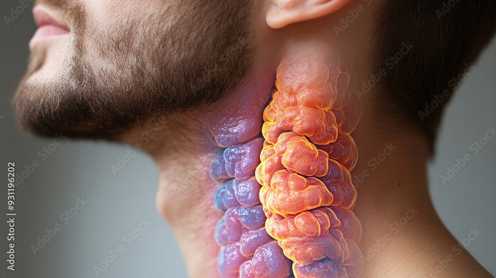 An illustration or diagram of the thyroid gland in the neck, showing ...