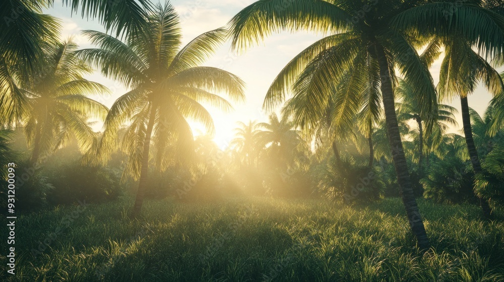 Tropical palm trees bask in the warm glow of a sunrise, casting long ...
