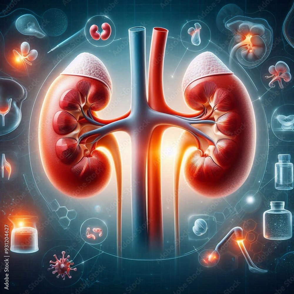 Medical illustration of two human kidney organs, urological system ...