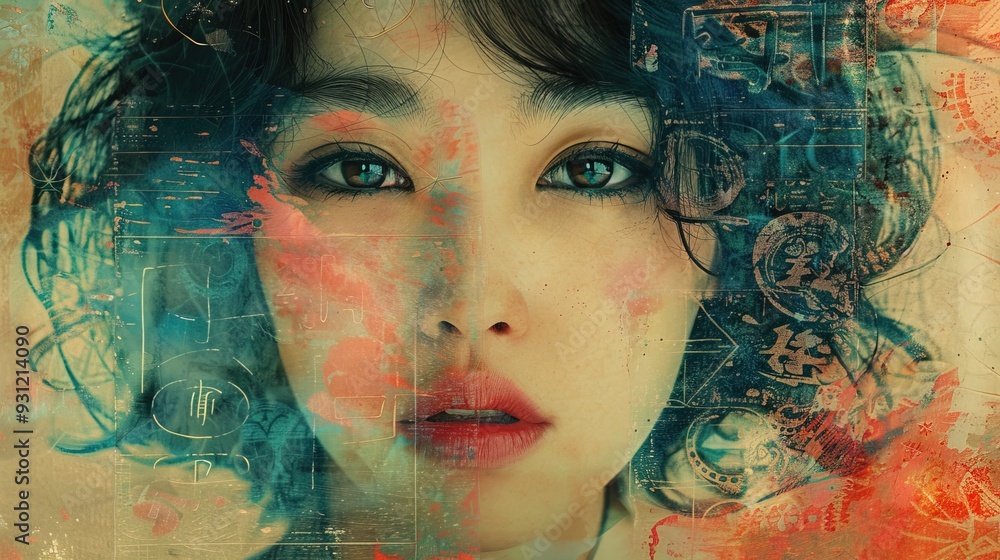 Art collage with close up fashion portrait young beautiful korean woman ...