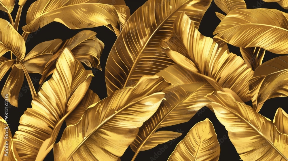 Luxury seamless banana leaves, Musa Paradisiaca tree, golden split ...