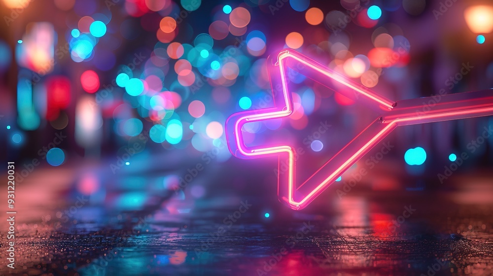 Neon arrow pointing right against a backdrop of bokeh and light trails ...