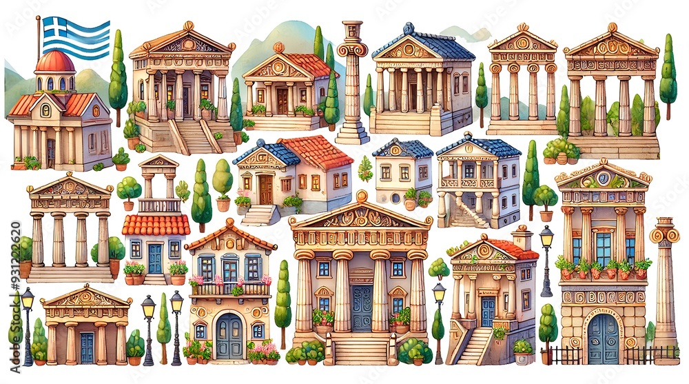 Watercolor clip art of various Greek architecture on a white background ...