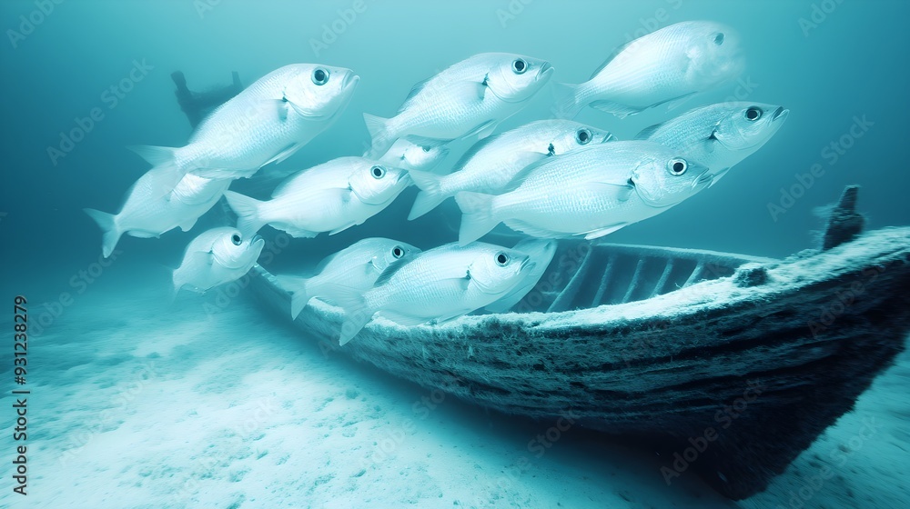 Fish schooling around a sunken shipwreck, ghostly underwater scene ...