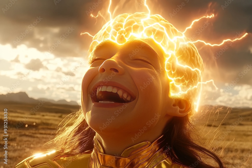 Joyful child with glowing brain outline capturing the essence of ...