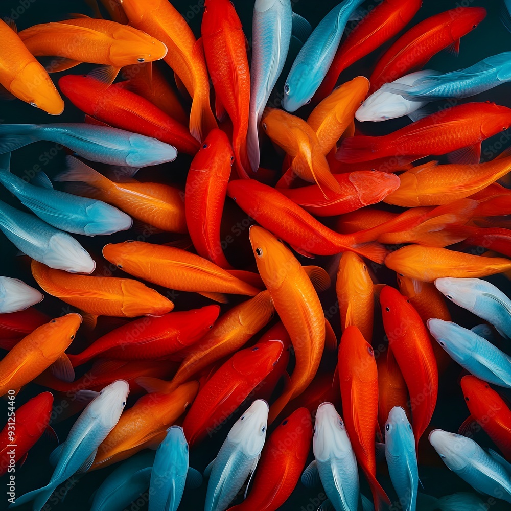 Colorful fish in a tight cluster, rapidly changing directions to ...