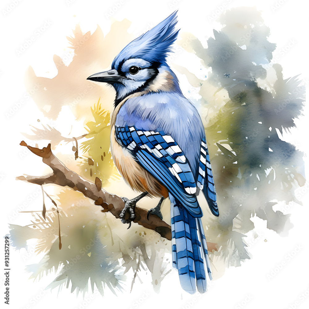 Watercolor Clipart of Blue jay bird on a maple branch. On a isolated ...