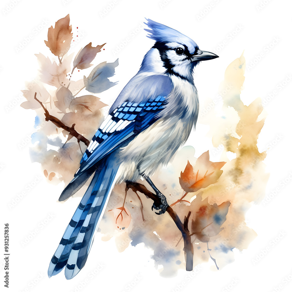 Watercolor Clipart of Blue jay bird on a maple branch. On a isolated ...