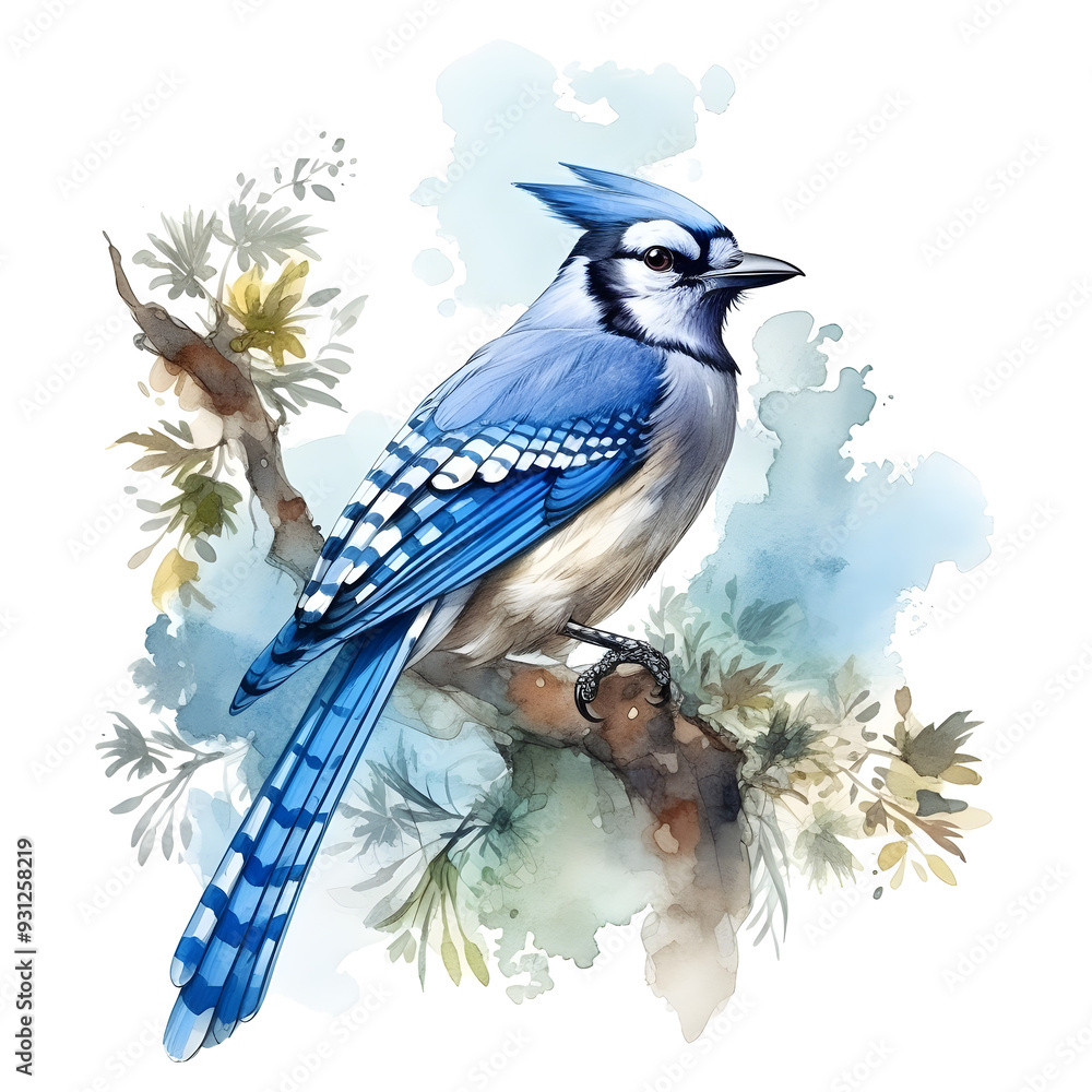 Watercolor Clipart of Blue jay bird on a maple branch. On a isolated ...