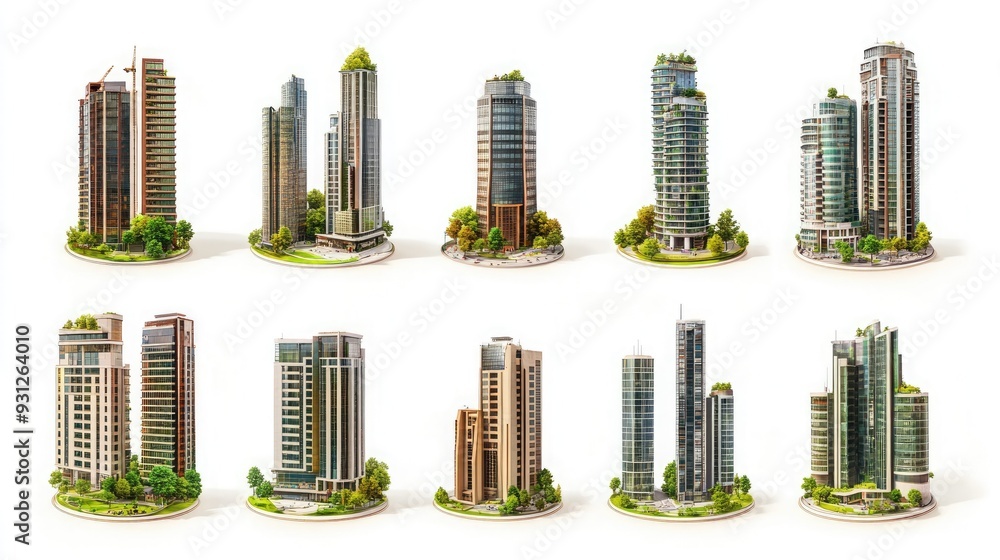 Ten modern high-rise buildings with green roofs and landscaping on ...