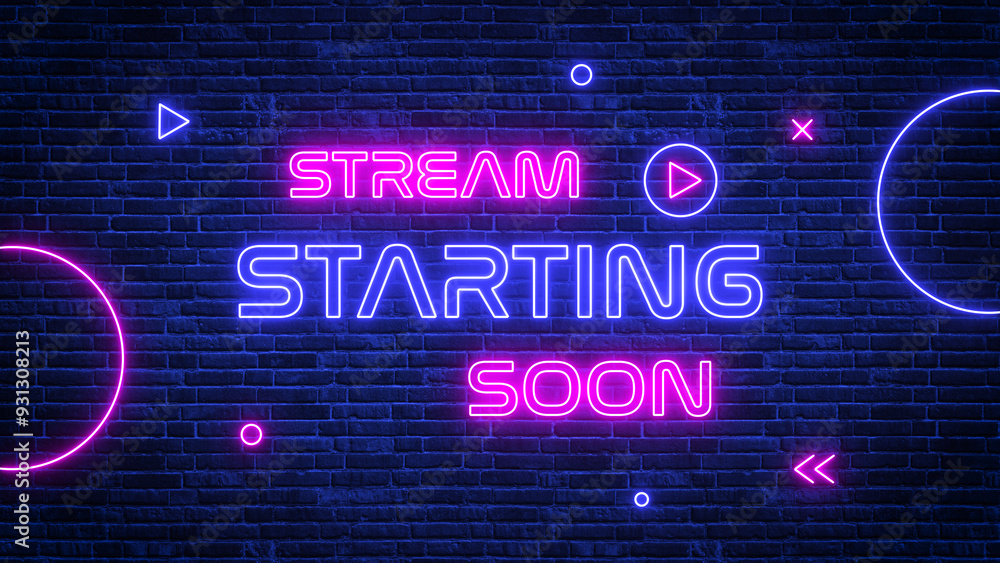 live stream starting soon neon lights text on dark blue brick wall ...