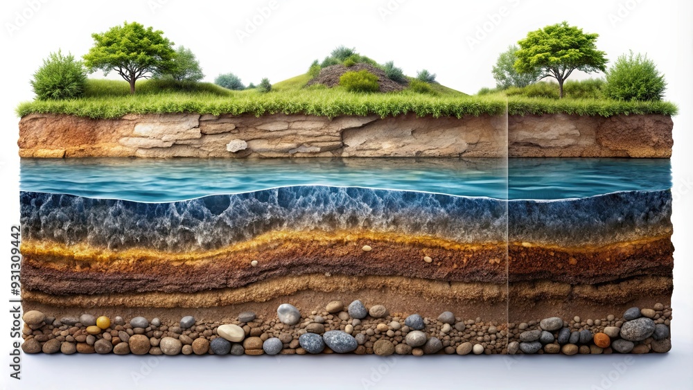Layered geological cross-section showing underground water, soil ...