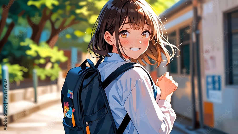 Anime illustration of a happy young girl carrying a school bag on her ...