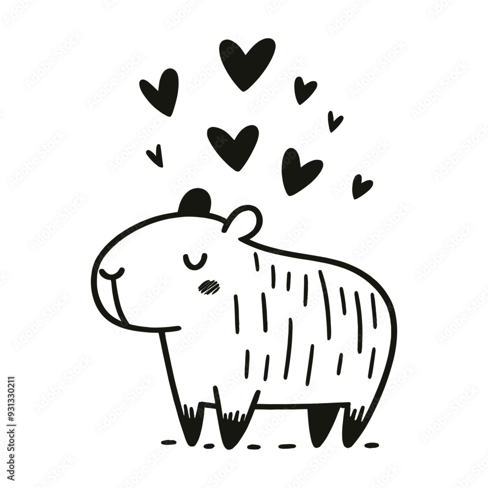 Cute capybara with hearts in black and white vector valentines coloring ...