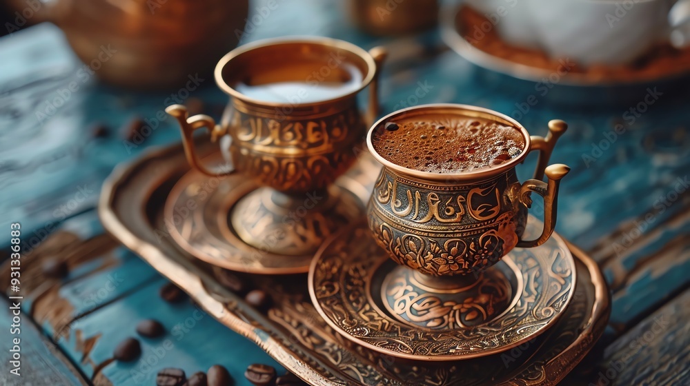 Vintage coffee set with ornate cups and saucers on a rustic wooden ...