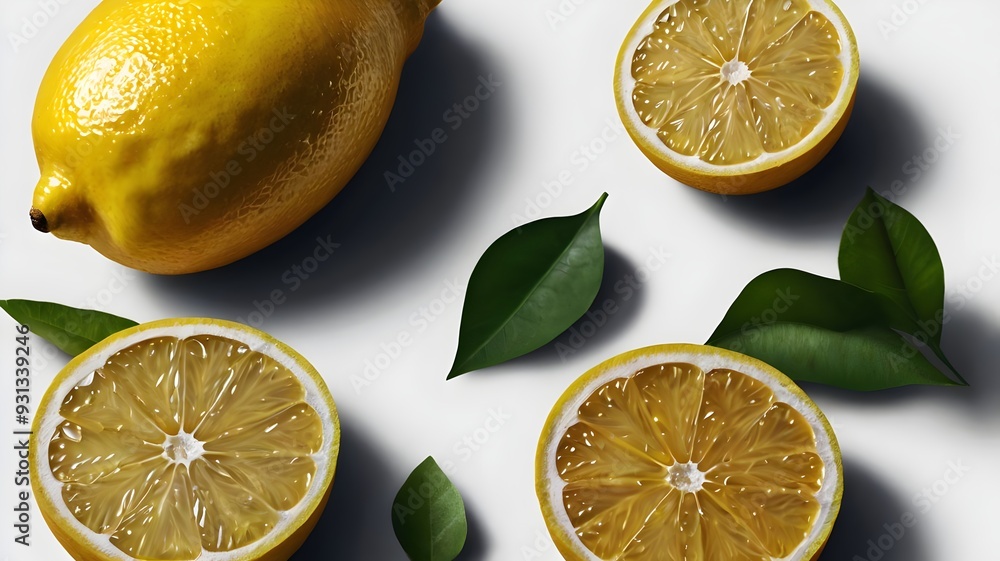 Whole and sliced yuzu fruit is displayed alongside fresh green leaves ...