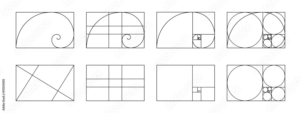 Set of golden ratio templates. Fibonacci sequence grids. Logarithmic ...