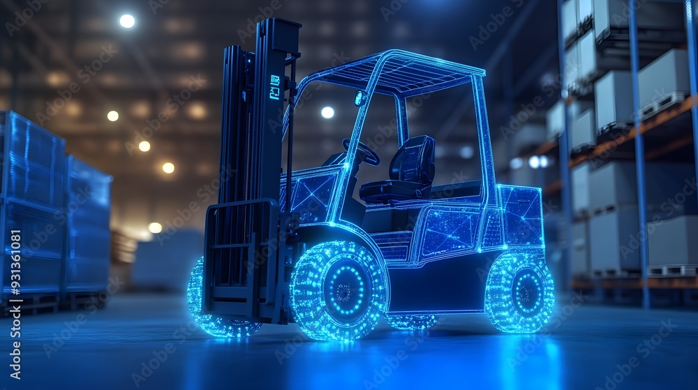 digital blue forklift truck with glowing data streams symbolizes the ...
