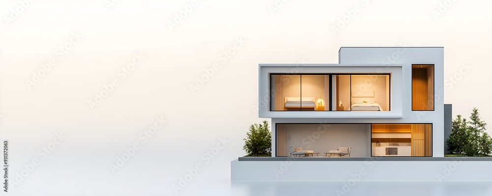 3D rendering of a modern home cross-section, showcasing minimalist ...