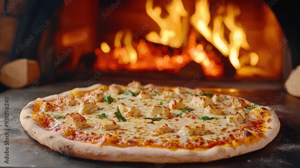 A high-resolution horizontal image of Italian spicy paneer tikka pizza ...
