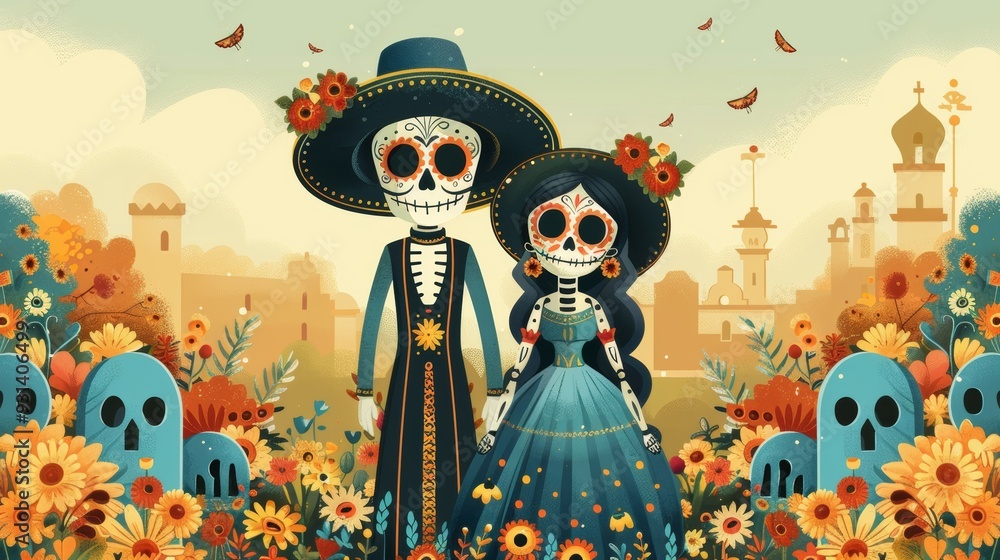 A couple dressed as La Catrina and El Catrin, posing in a beautifully ...