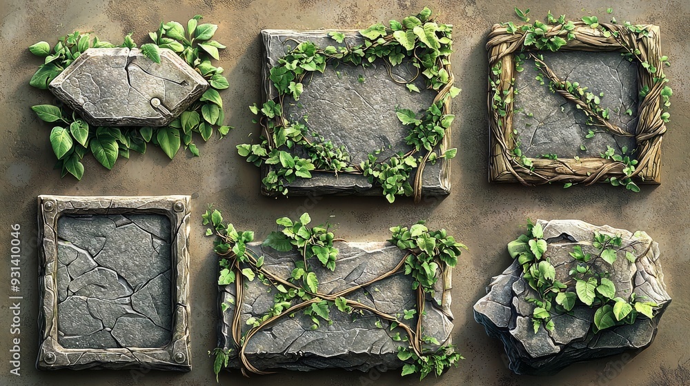 A set of rocky game UI elements including buttons, plaques, frames, and ...