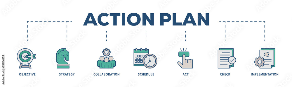 Action Plan Icons Process Structure Web Banner Illustration Of Objective Strategy