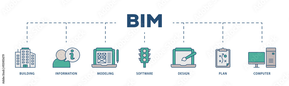 BIM icons process structure web banner illustration of building ...