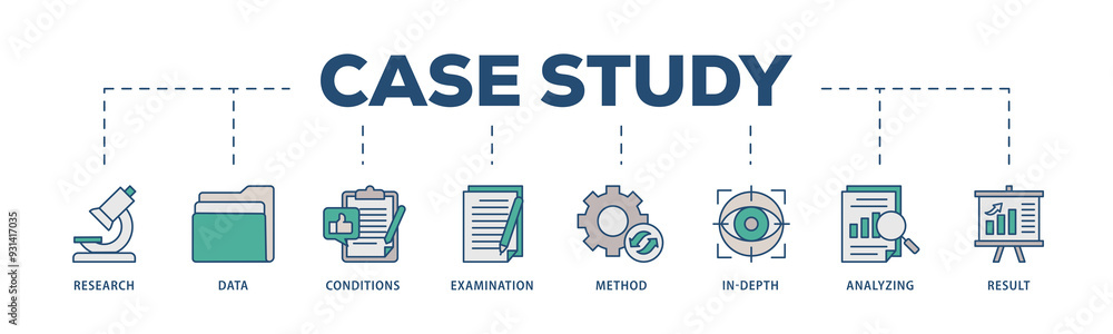 Case study icons process structure web banner illustration of research ...