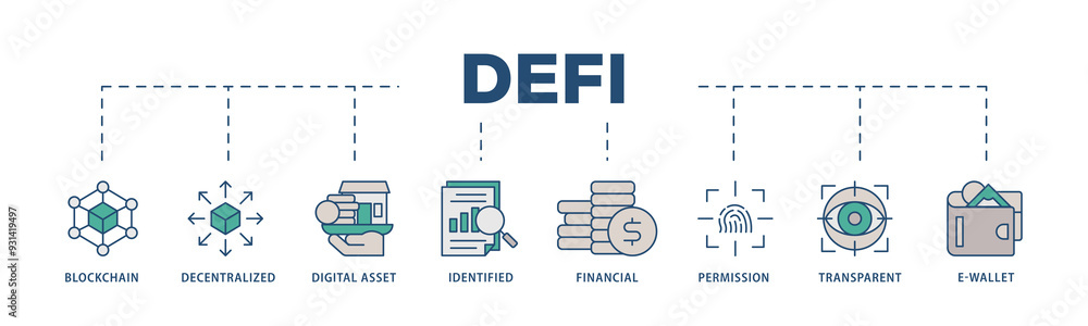 Defi icons process structure web banner illustration of blockchain ...