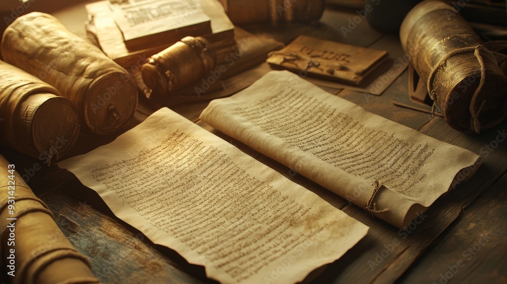 A historical scene featuring ancient scrolls and manuscripts made of ...