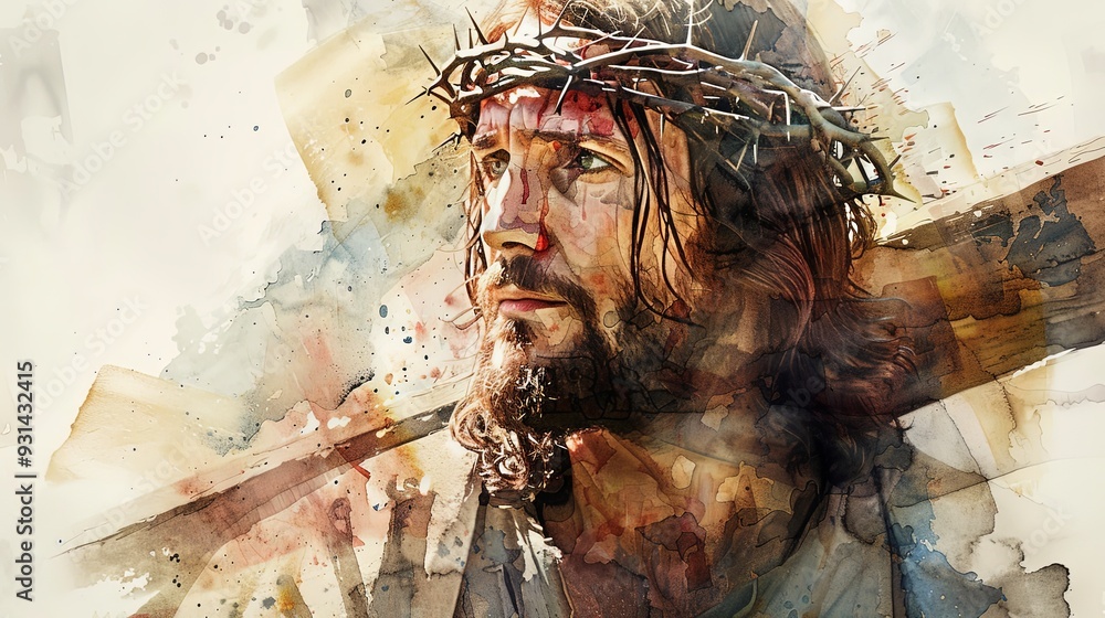 An expressive watercolor artwork portraying crucifixion scene with a ...