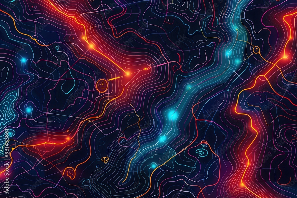 Dynamic, colorful lines twist across a stylized map, representing ...