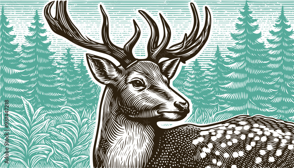 Vector illustration of a deer in the woods in style of woodcut ...