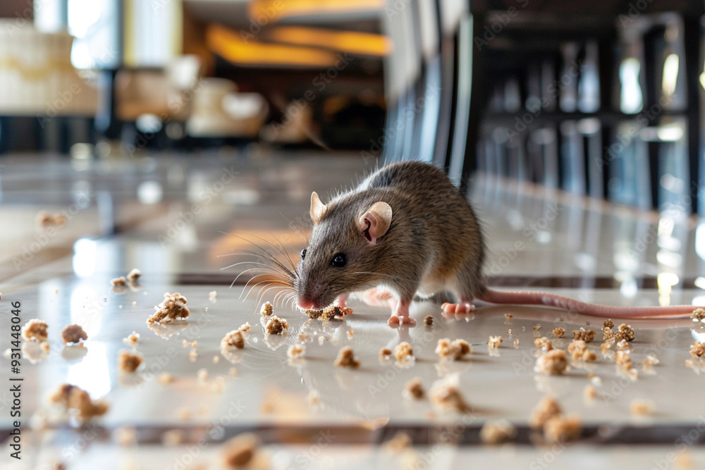 Sanitation inspection concept. Mouse in a bakery restaurant cafe floor ...