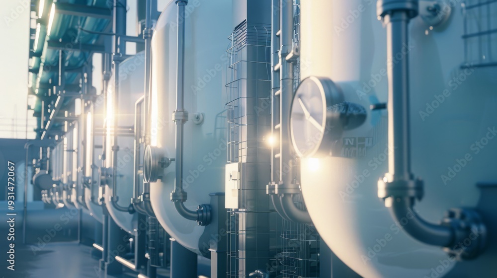 Industrial gas tanks standing in a row at a facility, with sunlight ...