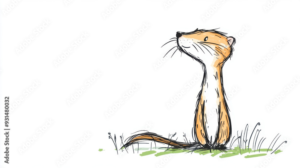 Hand-drawn illustration of a curious weasel standing on grass, with a ...
