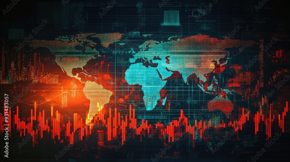 Financial crisis concept showing a world map with crashing stock ...