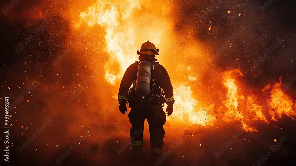 Firefighter silhouetted against a wall of fire, back to the camera ...