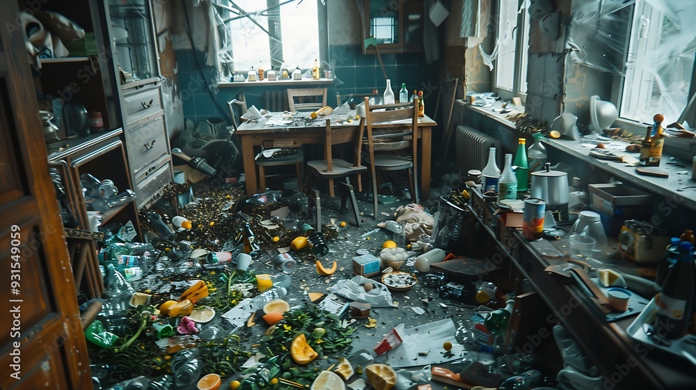 Garbage covered house apartment of alone woman with mental depresion ...