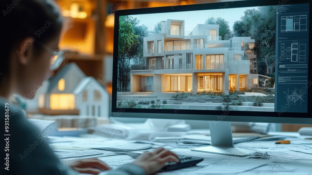 Architect Finalizing Modern Home Design on Computer. Architect ...