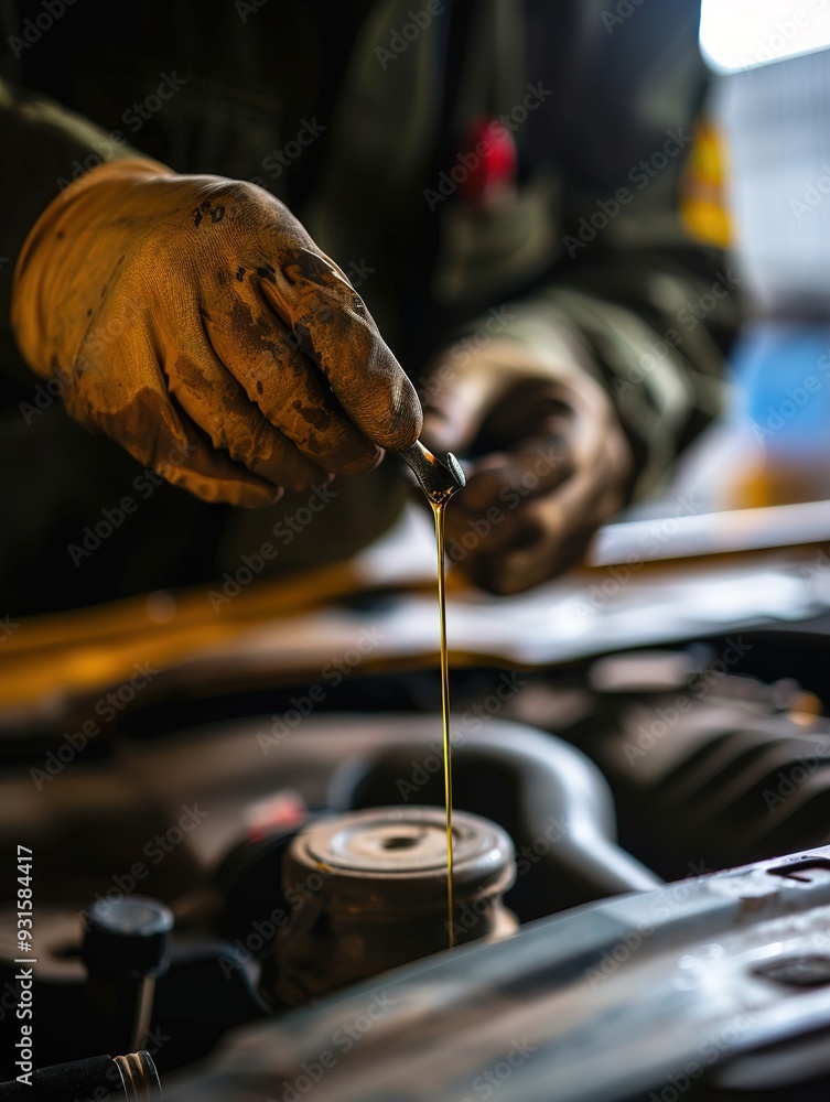 Mechanic closely inspecting engine oil dipstick during a routine check ...