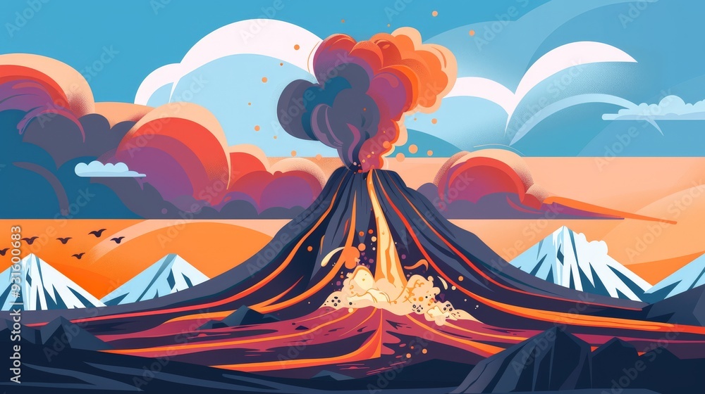 Scene of a volcano erupting with lava and fire flat design side view ...