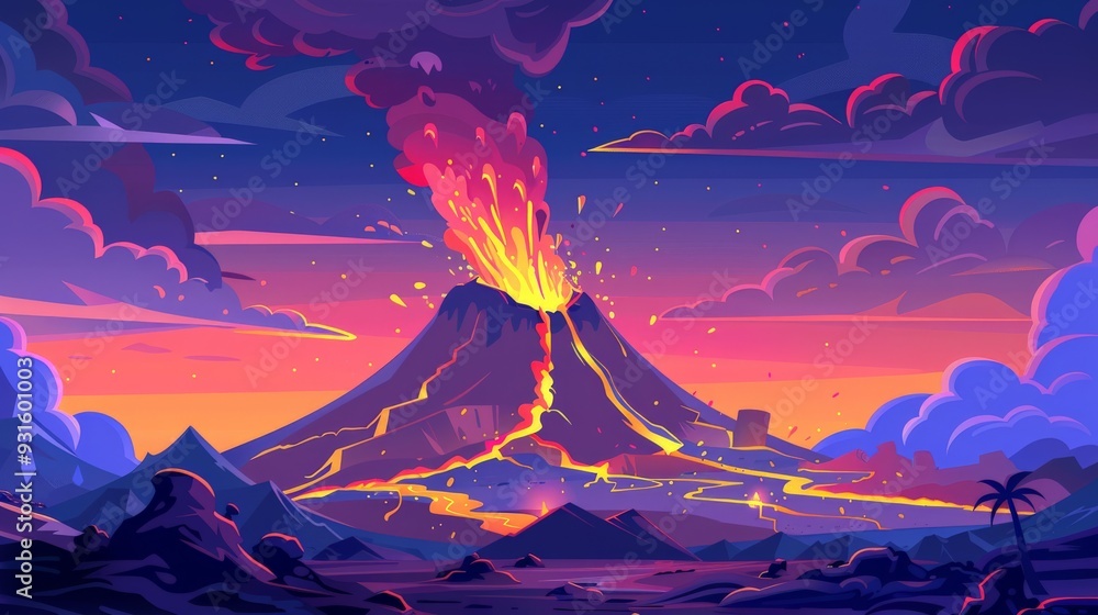 Ilustração Scene of a volcano erupting with lava and fire flat design ...