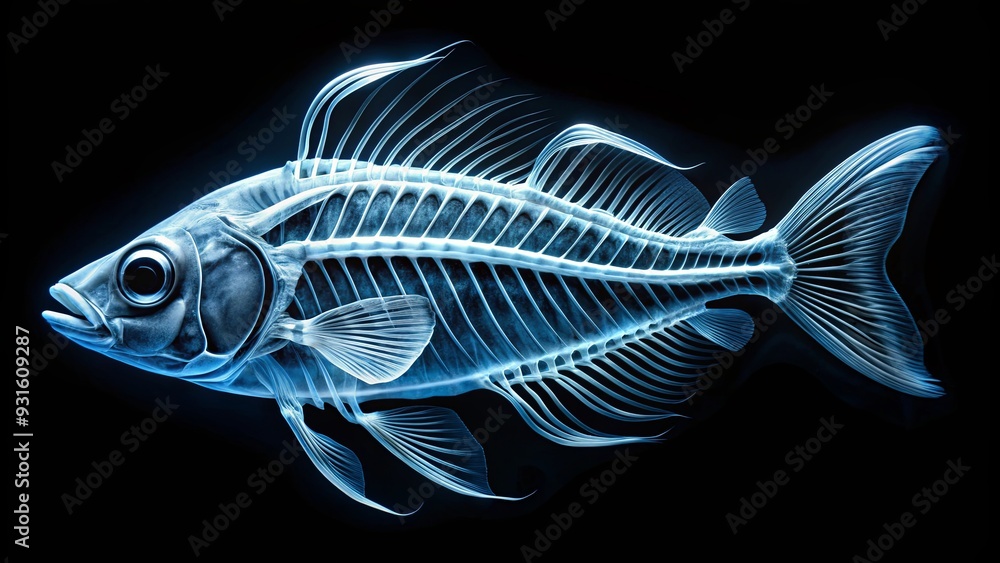 X-ray scan of a fish showing skeletal structure, X-ray, scan, fish ...