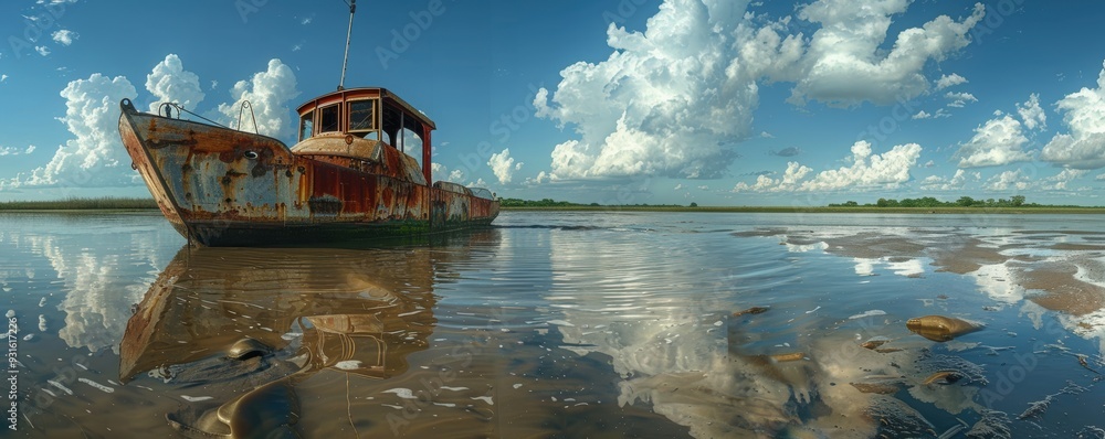 A rusted old boat rests on a shallow mudflat under a dramatic cloudy ...