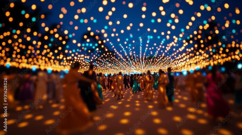 Night view of a crowded Garba ground with thousands of dancers moving ...