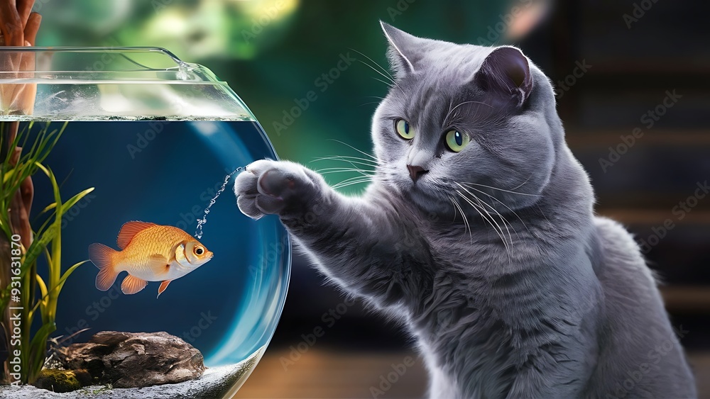 Gray British going towards aquarium to eat gold flicker fish ...